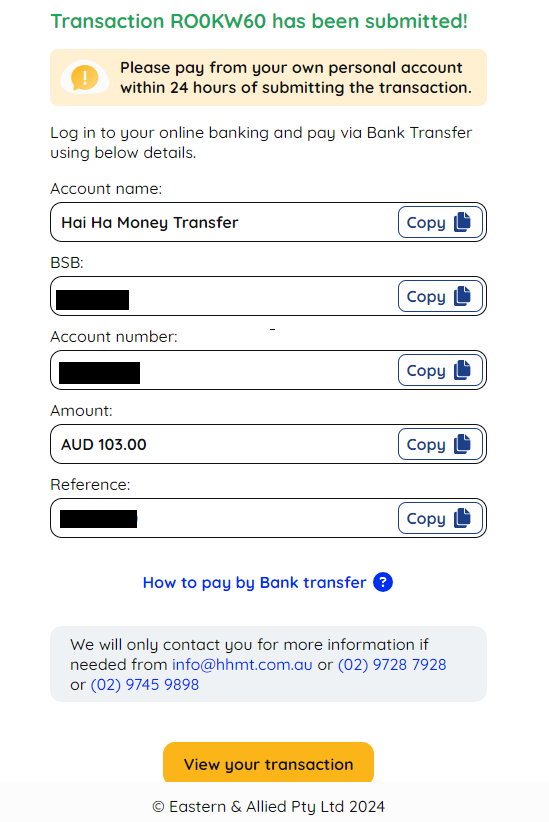 How to make a payment via Bank Transfer? – Hai Ha Money Transfer